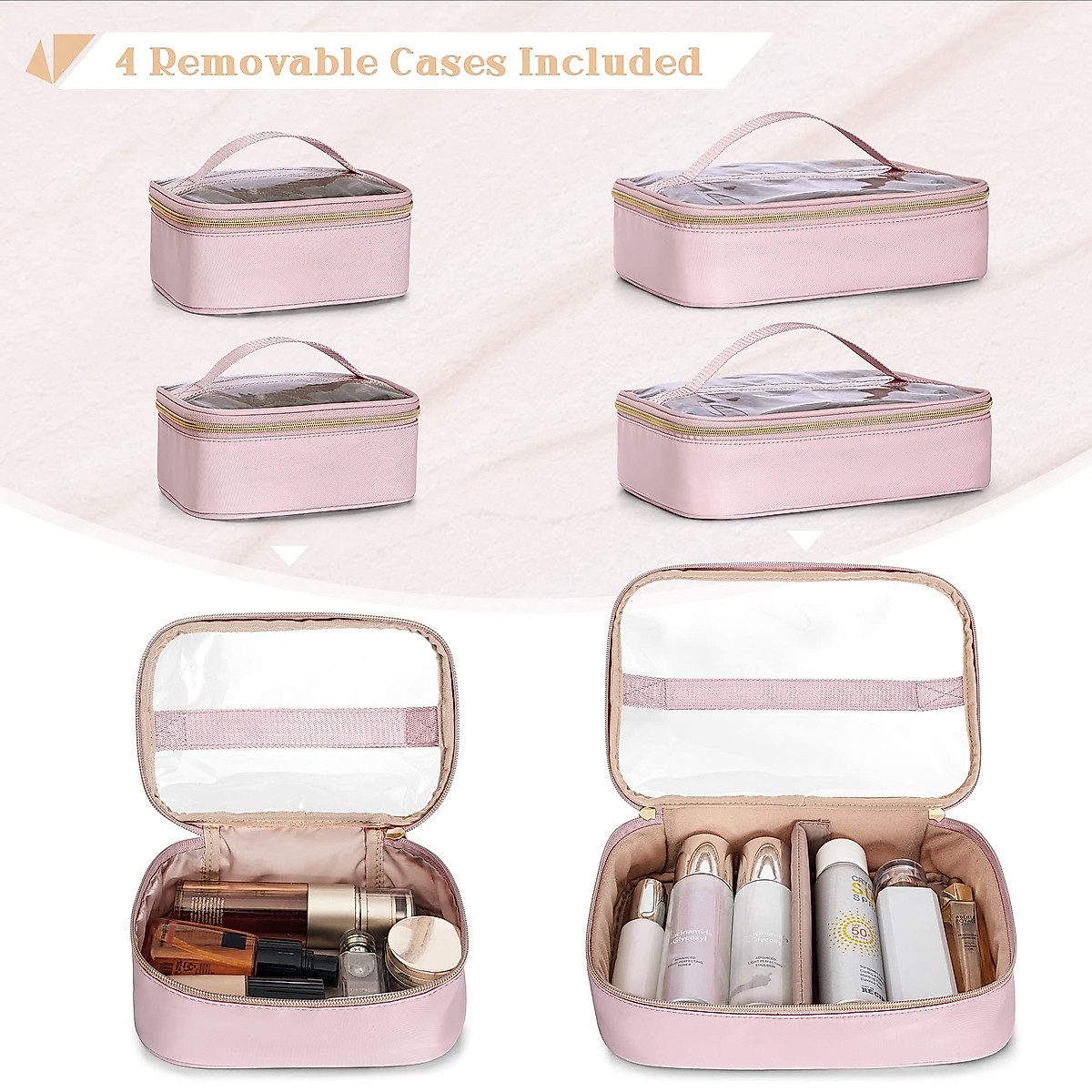 Prokva Professional Makeup Artist Travel Case with 4 Detachable Cosmetic Bags, Large Make up Organizer Bag with Makeup Kit Storage Section and Hair Tools Pocket, Pink (Empty Bag Only)