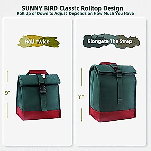 SUNNY BIRD Insulated Lunch Bag Rolltop Lunch Box Tote Lunchbox Bag for Women, Men, Adults and Teens (Green)
