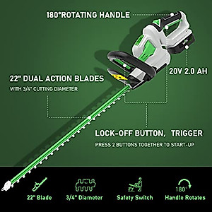 Cordless Hedge Trimmer Battery&Charger SOYUS 20V 2.0AH Electric Hedge Trimmer 22In Dual Action Blades 3/4’’ Cutting Capacity Bush Trimmer for Bush Shrub Branch