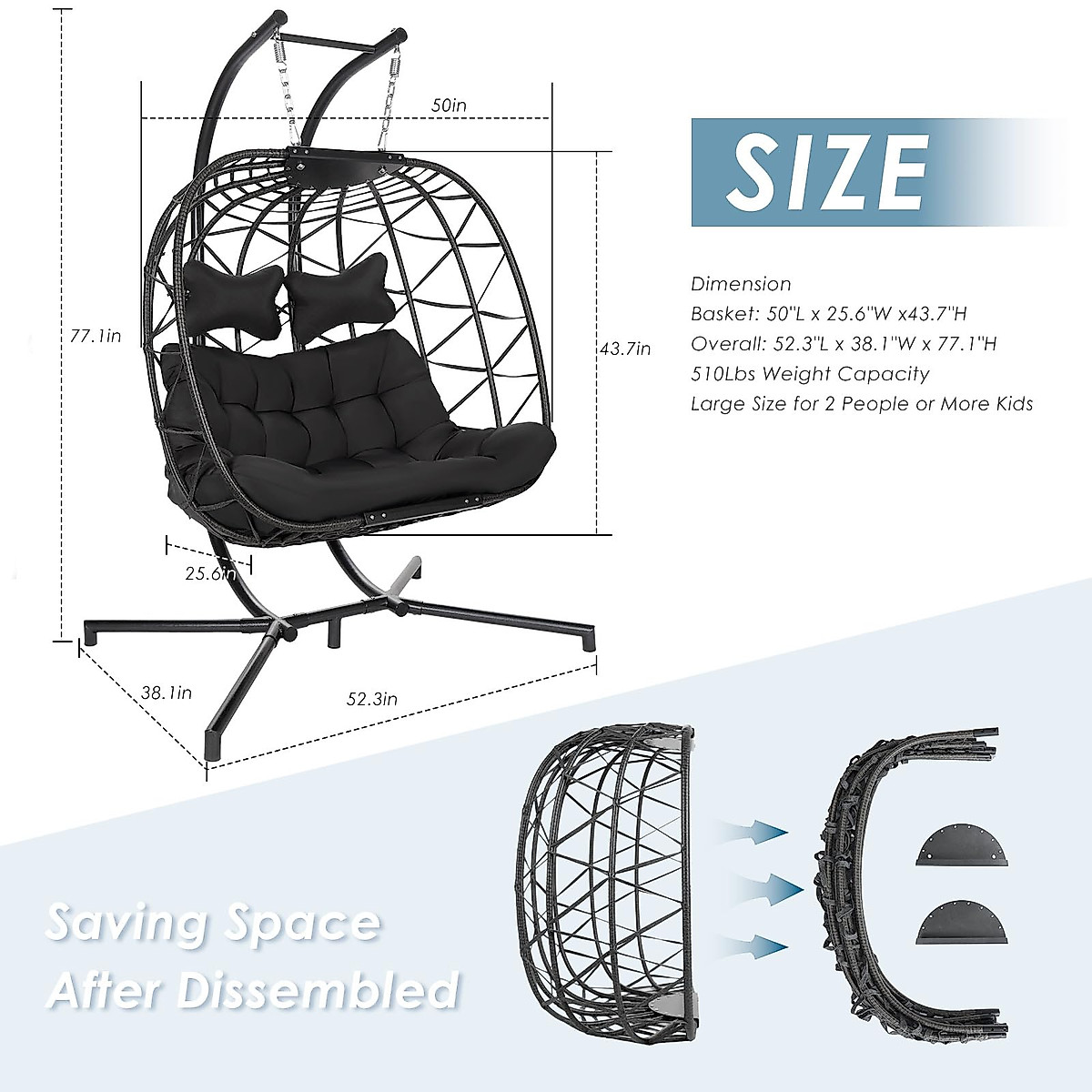 NICESOUL® 2 Seater Egg Swing Chair with Stand Double Person Outdoor Swing 510Lbs Capacity Large Black Hanging Chair Two Person Gray Rattan Black Olefin Cushions 510lbs Capacity