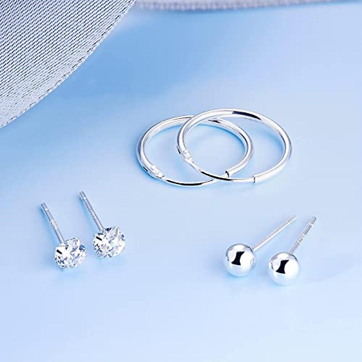 LANE WOODS 3 Pairs Sterling Silver Hoop Stud Earrings Sets for Women: Hypoallergenic Small Tiny Ball Stud CZ Dainty Endless Sterling Silver Huggie Hoops Earrings Piecing Jewelry for Women Sensitive Ears