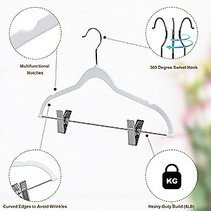Quality Plastic Non Velvet Non-Flocked Thin Compact Coat Hangers with Metal Clips for Skirts Pants Blouses 360° Swivel Hook (White, 20)