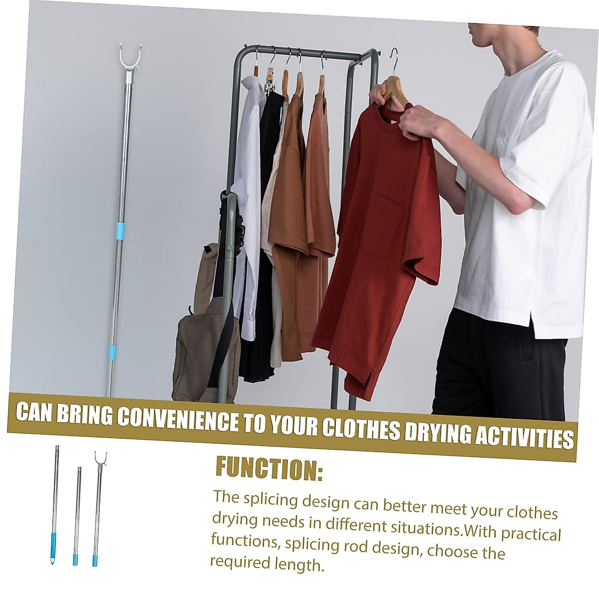 CAXUSD Sturdy Metal Clothes Pole Splicing Clothes Reach Pole for Living Room Essentials