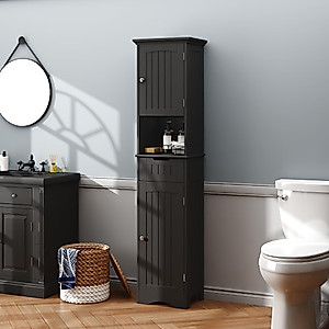 ChooChoo 67" Tall Bathroom Storage Cabinet Freestanding with Adjustable Shelves, Narrow Storage Linen Cabinet with 2 Doors and 1 Drawers for Bathroom, Living Room, Kitchen, Black