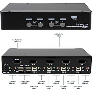 StarTech.com 4 Port DisplayPort KVM Switch - 4K 60Hz - Single Display - Dual Port UHD DP 1.2 USB KVM Switch with Integrated USB 2.0 Hub & Audio - Dell, HP, Apple, Lenovo - TAA Compliant (SV431DPUA2)