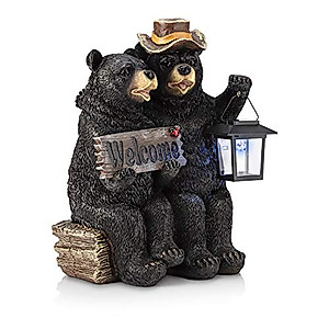 Alpine Corporation 15" Tall Outdoor Bear Couple with Lantern and Welcome Sign Statue with Solar LED Light Yard Art Decoration