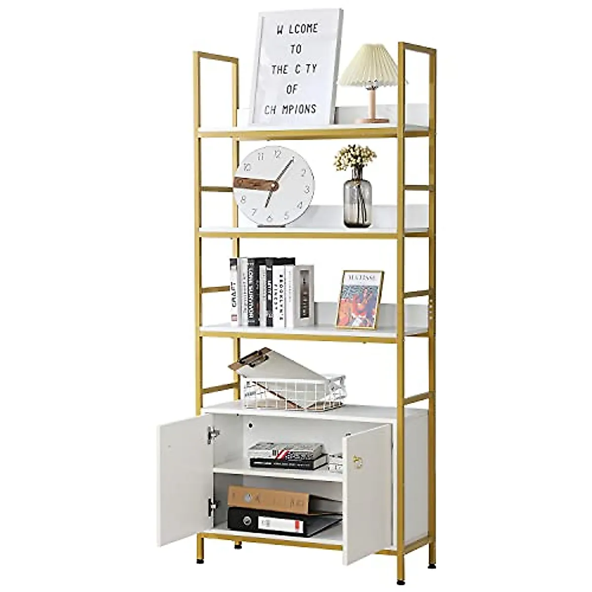 MELLCOM Golden Bookcase, 4 + 2 Tier Bookshelf with 2 Pull-Out Storage Cabinet Bohemian Style 71’’ Modern Bookshelves with 4 Adjustable Foot Pad Easy Assembled for Home, Office