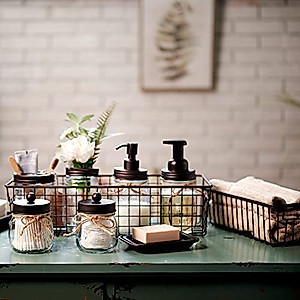 Premium Mason Jar Bathroom Accessories Set (6PCS) - Lotion Soap Dispenser,Toothbrush Holder,2 Apothecary Jars(Qtip Holder),Soap Dish,Metal Wire Storage Organizer Basket-Rustic Farmhouse Decor (Bronze)