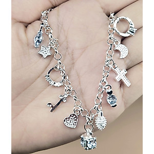 Dicomeng Sterling Silver Bracelet, 13 Small Pendants Charm Bracelet for Women, Adjustable 18+4cm, 925 Silver Plated, Great Gift for Ladies