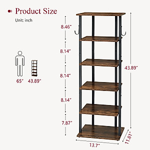 Tajsoon 6 Tier Tall Narrow Shoe Rack Organizer with 2 Hooks, Vertical Shoe Rack for Small Spaces, Shoe Shelf for 10-12 Pairs of Shoes, Small Shoe Rack for Closet, Entryway, Living Room, Bedroom