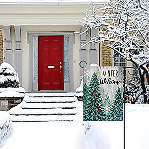 Artofy Winter Welcome Decorative Garden Flag Pine Trees, Snowy Forest Red Cardinal Birds House Yard Lawn Outdoor Burlap Flag, Farmhouse Outside Decoration Snowflakes Home Decor Double Sided 12 x 18