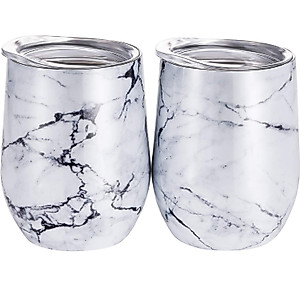 D&G 2 Pack 12 Oz Unbreakable Triple-Insulated Stemless Wine Tumbler, Stainless Steel Wine Glass Cup with Lids, Drink-Ware Glasses for Wine, Coffee, Champagne, Cocktails and Beer (Marbling)