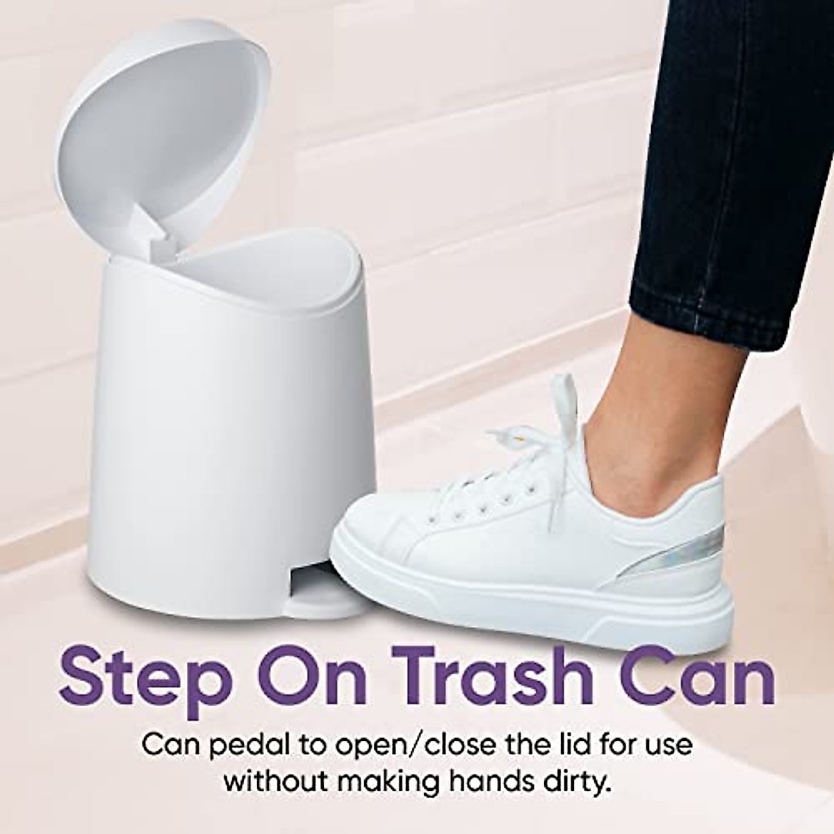 Superio Small Trash Can with Lid 3 Lite, Plastic Mini Waste Bin 0.75 Gallon, Modern Flat Lid Step Trash Can with Foot Pedal, Bathroom, Bedroom, Office, Under Desk, Soft Close (White)