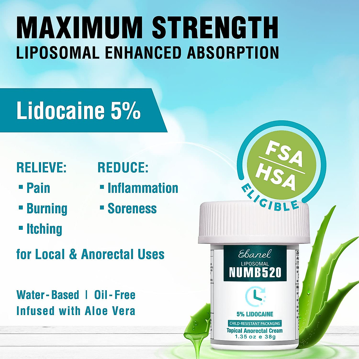 Ebanel 5% Lidocaine Numbing Cream, Pain Relief Burn Itch Numb Cream, Maximum Strength Topical Anesthetic with Allantoin, Vitamin E for Local and Anorectal Uses, Hemorrhoid Treatment, 1.35 Oz