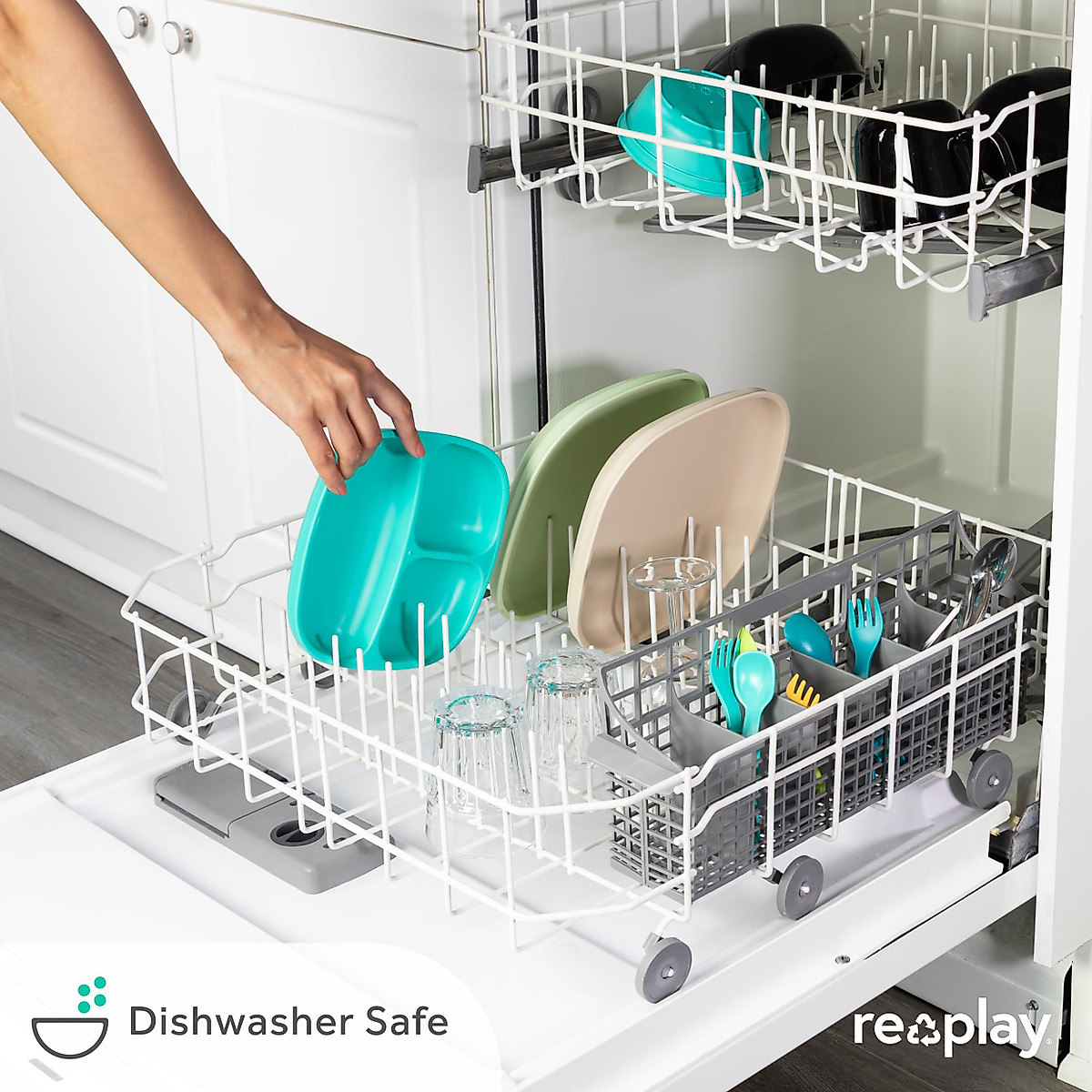 Re-Play Made in USA Deep Walled 3 Compartment Plates, Pack of 3 - Reusable Divided Plates for Kids, Dishwasher and Microwave Safe - Durable Toddler Plates 7.37" x 7.37" x 1.25", White