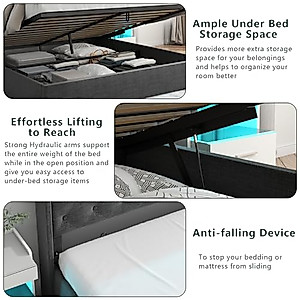 Loomie King Lift Up Bed Frame with Charging Station & LED Lights, Upholstered Bed with Button Tufted Wingback Storage Headboard, Hydraulic Storage, No Box Spring Needed, Wood Slats Support,Dark Grey