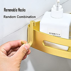 Corner Shower Caddy Wall Mounted, Metal Bathroom Storage Shelves with Hooks, Rust Proof Triangle Shower Shelf No Drilling, Adhesive Installation Bathroom Basket (2 Tiers, Bright Gold)