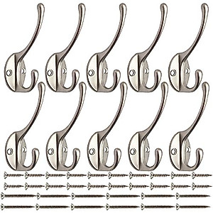IBosins 10 Pack Heavy Duty Dual Coat Hooks Wall Mounted with 40 Screws Retro Double Hooks Utility Silvery Hooks for Coat, Scarf, Bag, Towel, Key, Cap, Cup, Hat (Silvery)