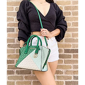 Michael Kors Avril Small Top Zip Satchel Crossbody MK Signature Colorblock (Palmetto Green)