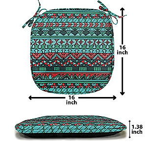 Ambesonne Tribal Chair Seating Cushion Set of 8, Hand Drawn Design Geometric Pattern with Sharp Shapes and Stripes, Seat Pads for Office with Anti-Slip Backing, 16"x16", Red Blue Teal