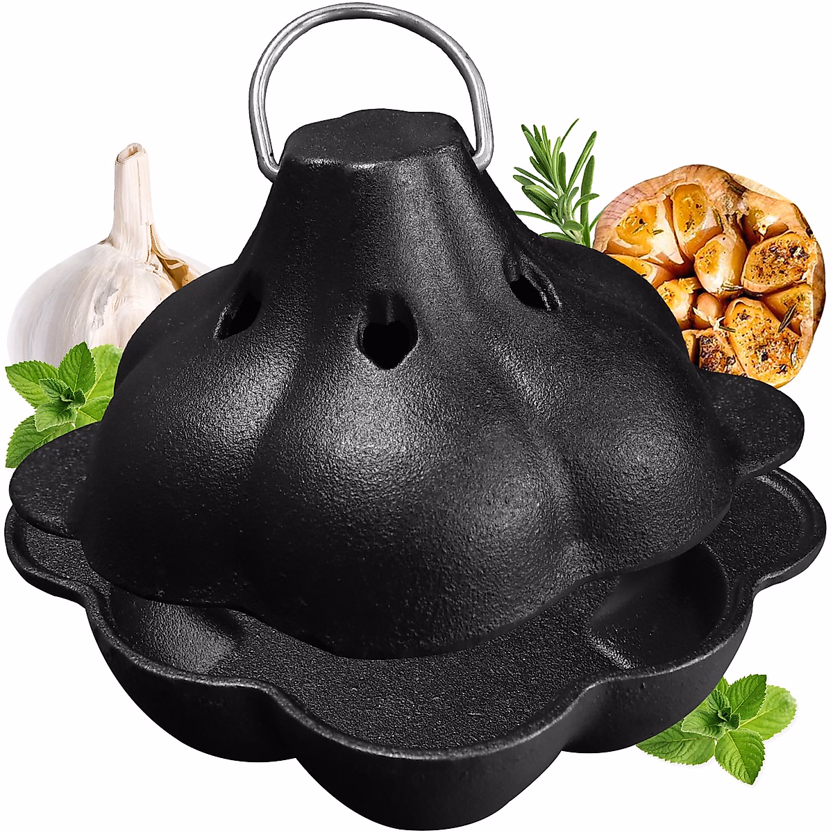 BOLVOUD Pre-Seasoned Cast Iron Dutch Oven Pot – Perfect Garlic Roaster and Potato Baker for Kitchen Oven or Outdoor BBQ Grill – A Must-Have Cast-Iron Ramekin Pot with Lid