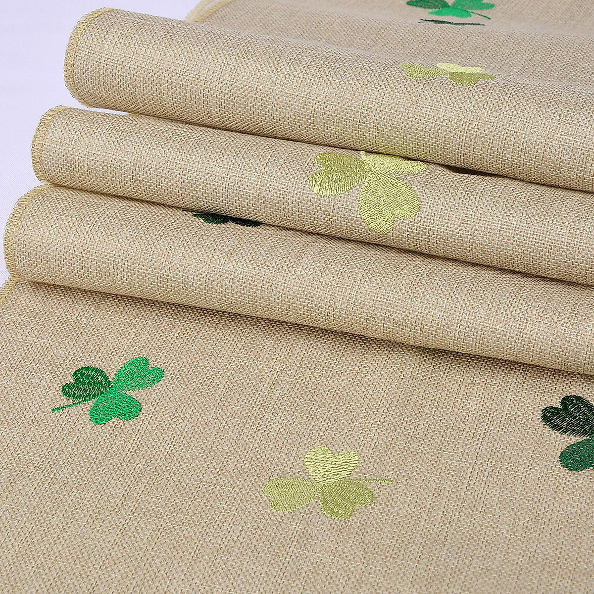 yuboo St Patrick Day Table Runner, Embroidered Shamrock Table Runnr Linen Burlap for Farmhouse Rustic Spring Decorations,13 x 72