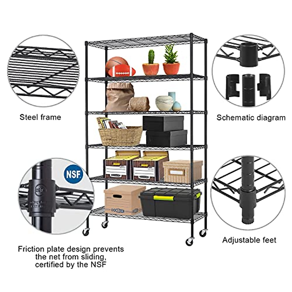6-Tier Storage Shelf, Wire Shelving Unit NSF Certified Storage Rack 48" W x 18" D x 82" H 2100Lbs Capacity Adjustable Layer Heavy Duty Metal Rack Steel with Casters for Kitchen Garage Pantry Black