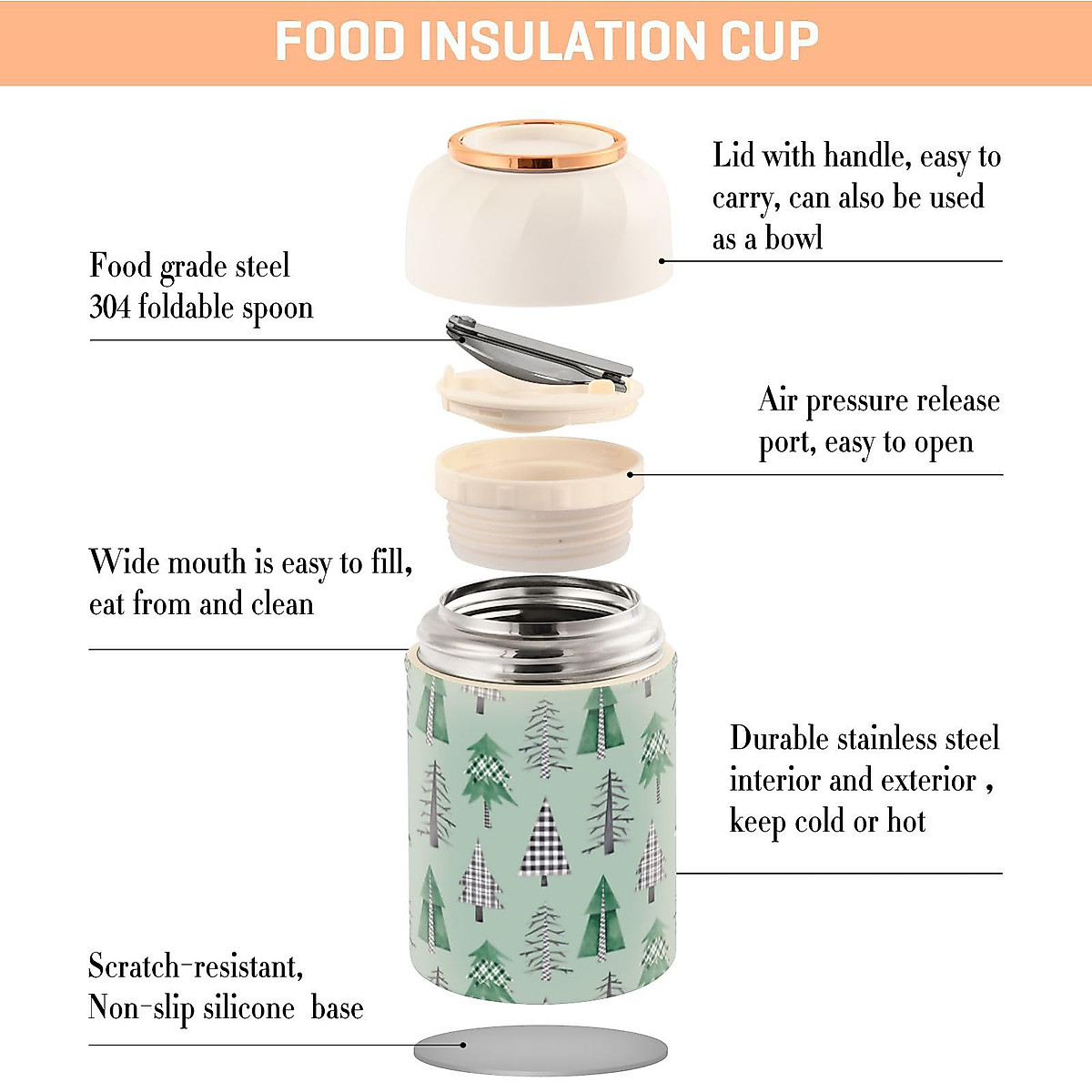 Christmas Green Kids Womens Insulated Food Jar Container with Spoon 17oz/500ml Container For Hot Food Stainless Steel Vacuum Portable Flask Insulated for Office Accessories