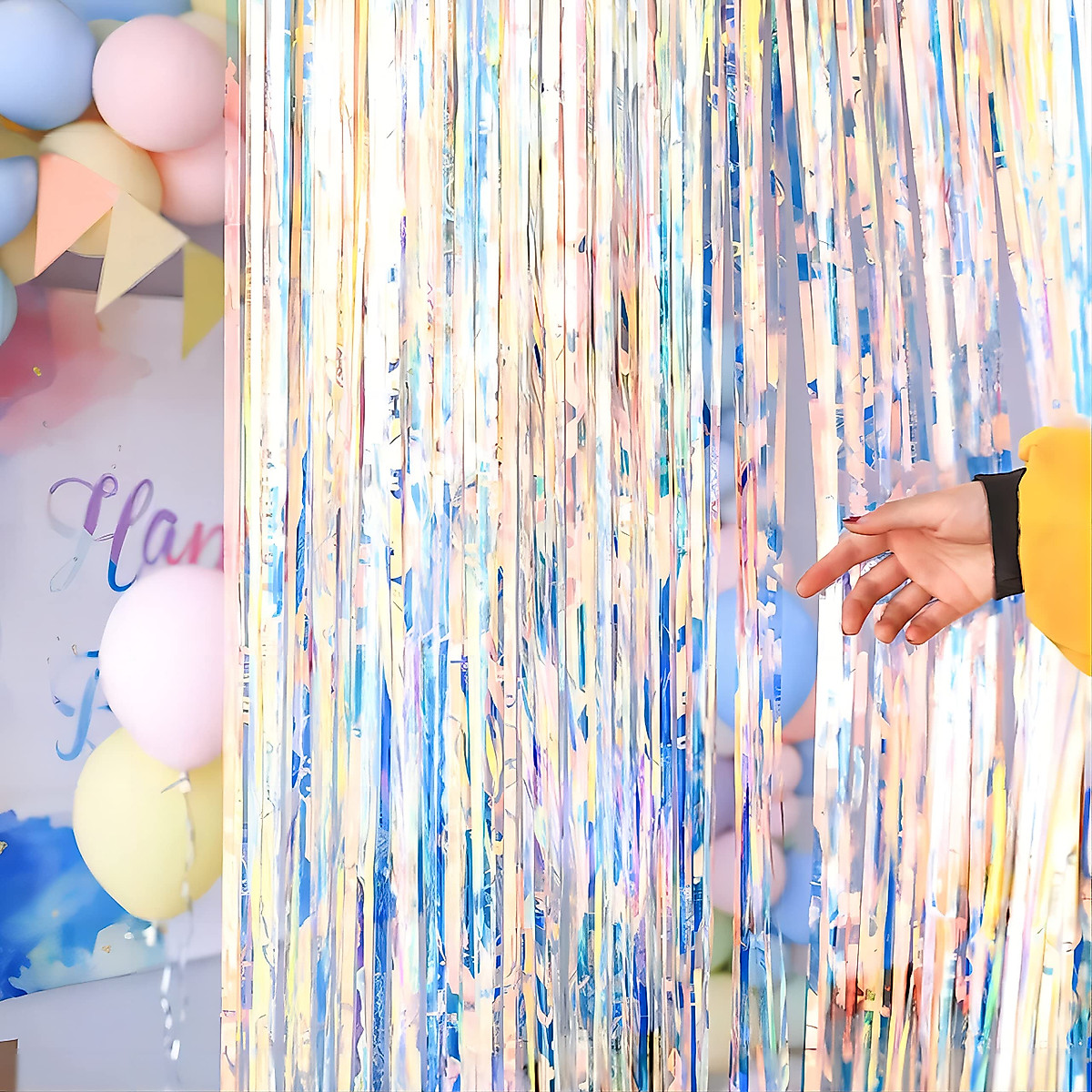 AIM & GGKK 3 Pack Neon Clear Fringe Curtains 3.28 Ft X 6.56 Ft Neon Clear Foil Backdrop Tinsel Curtains Neon Clear Metalic Door Streamer Photo Booth Wedding Graduations Birthday Event Party Supplie