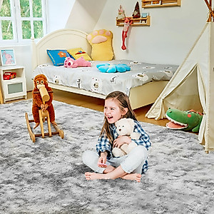 Ultra Soft Rug for Living Room, 4X6 Fluffy Shag Area Rug for Bedroom, Modern Shaggy Carpets Fuzzy Rug for Teens Dorm Nursery Home Decor Aesthetic, Upgrade Anti-Skid Durable, Tie-Dyed Light Grey