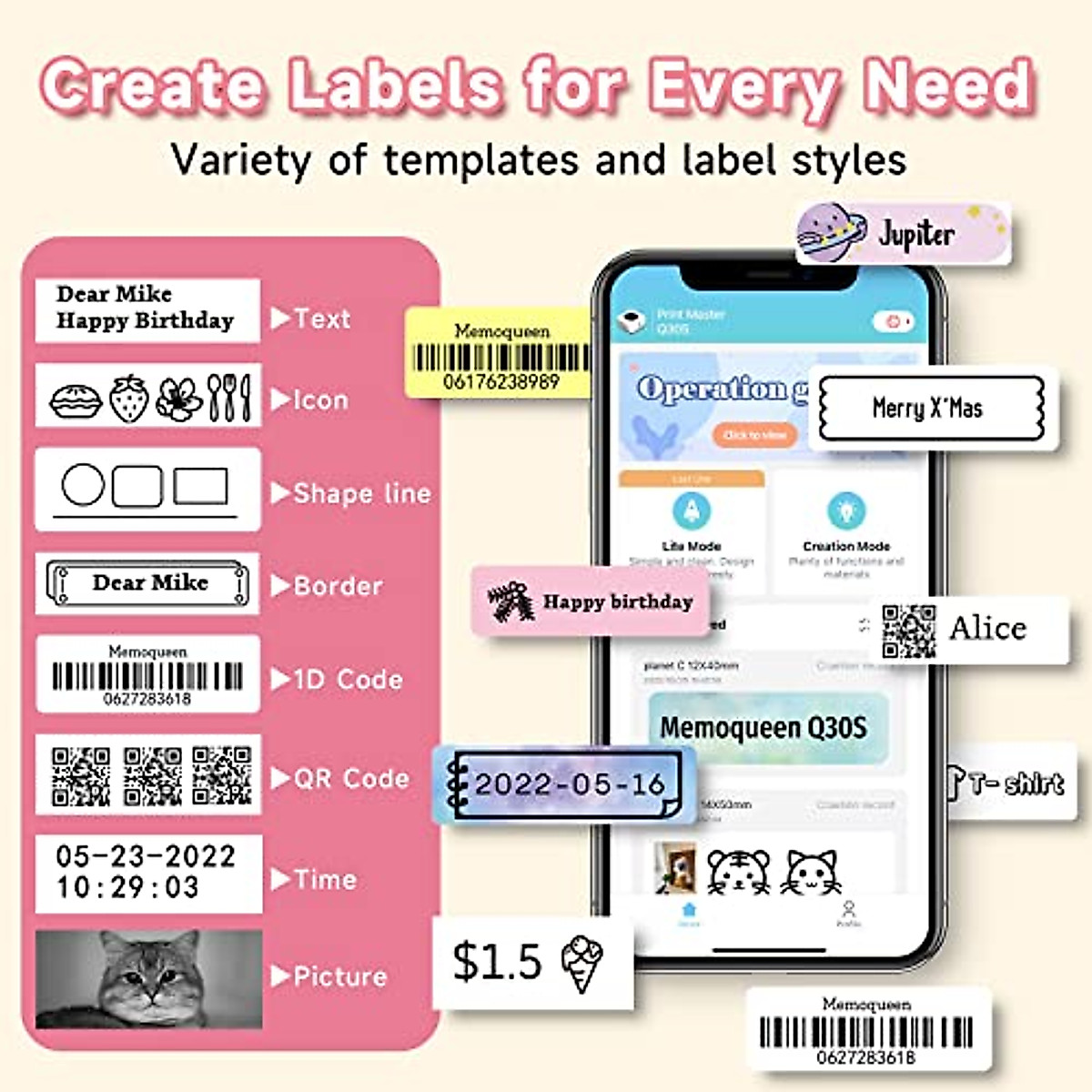 Memoqueen Label Makers Machine with Cosmetic Travel Bag Q30S Handheld Bluetooth Mini Sticker Thermal Label Printer, Easy-to-Use for Home Office Organization, Rich Icon Font Multiple Templates,Pink