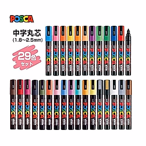 Uni Posca Paint Marker Pen, Medium Point(PC5M), 29 Colors Set with Original Vinyl Pen Case