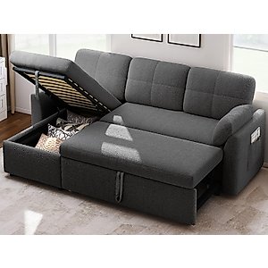YITAHOME 86" Sleeper Sofa, 2 in 1 Convetible Sofa Bed with Pull Out Couch Bed and Storage Chaise,L-Shape Sectional Sofa for Living Room, Teddy Fleece, Grey