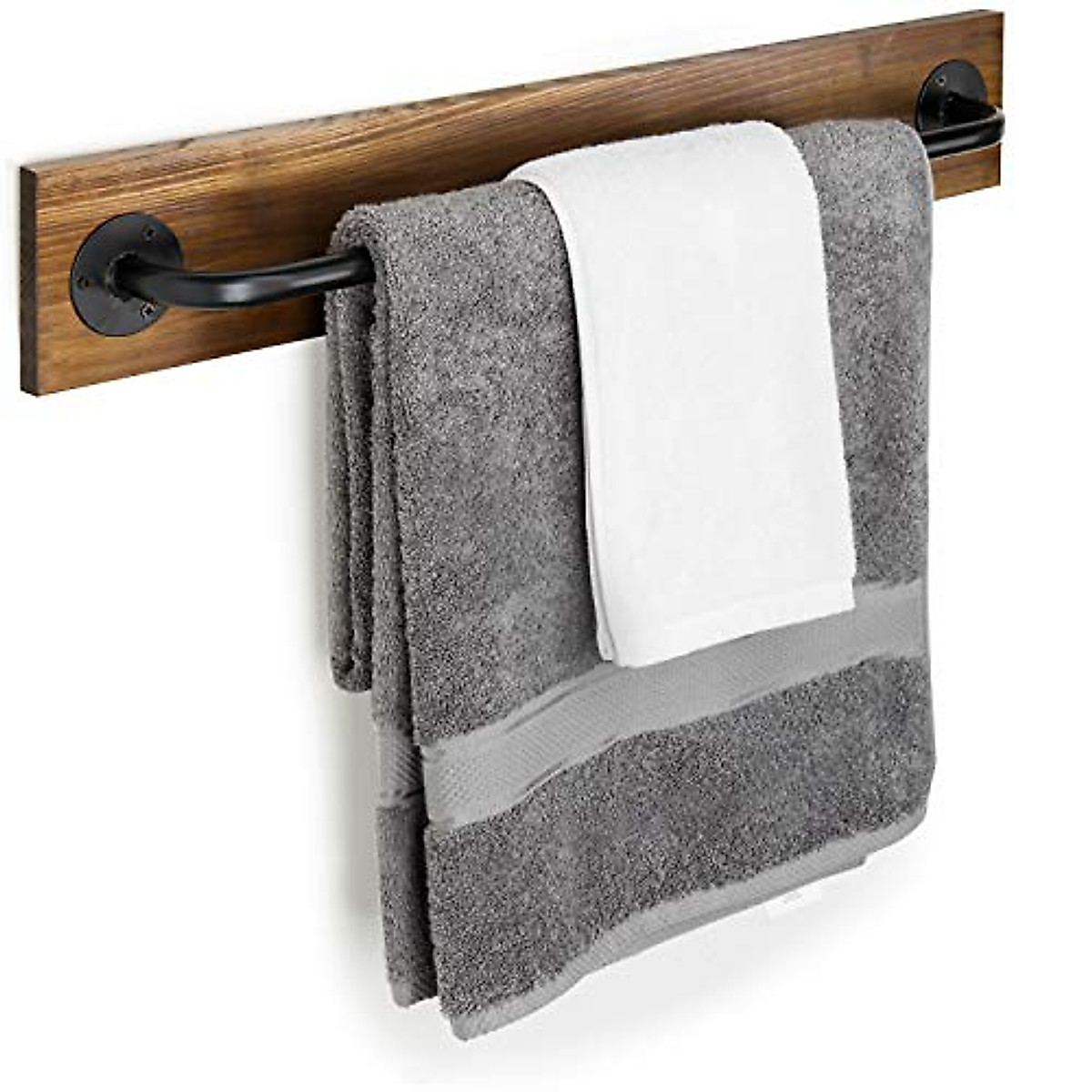 MyGift Rustic Burnt Wood Bathroom Towel Bar with Metal Rod, Wall Mounted Bath Towel Rack