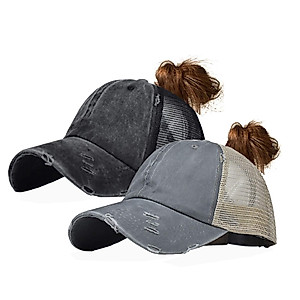 Eohak Distressed Ponytail Hats Baseball for Women Messy-Bun Pony Caps (Black+Grey)