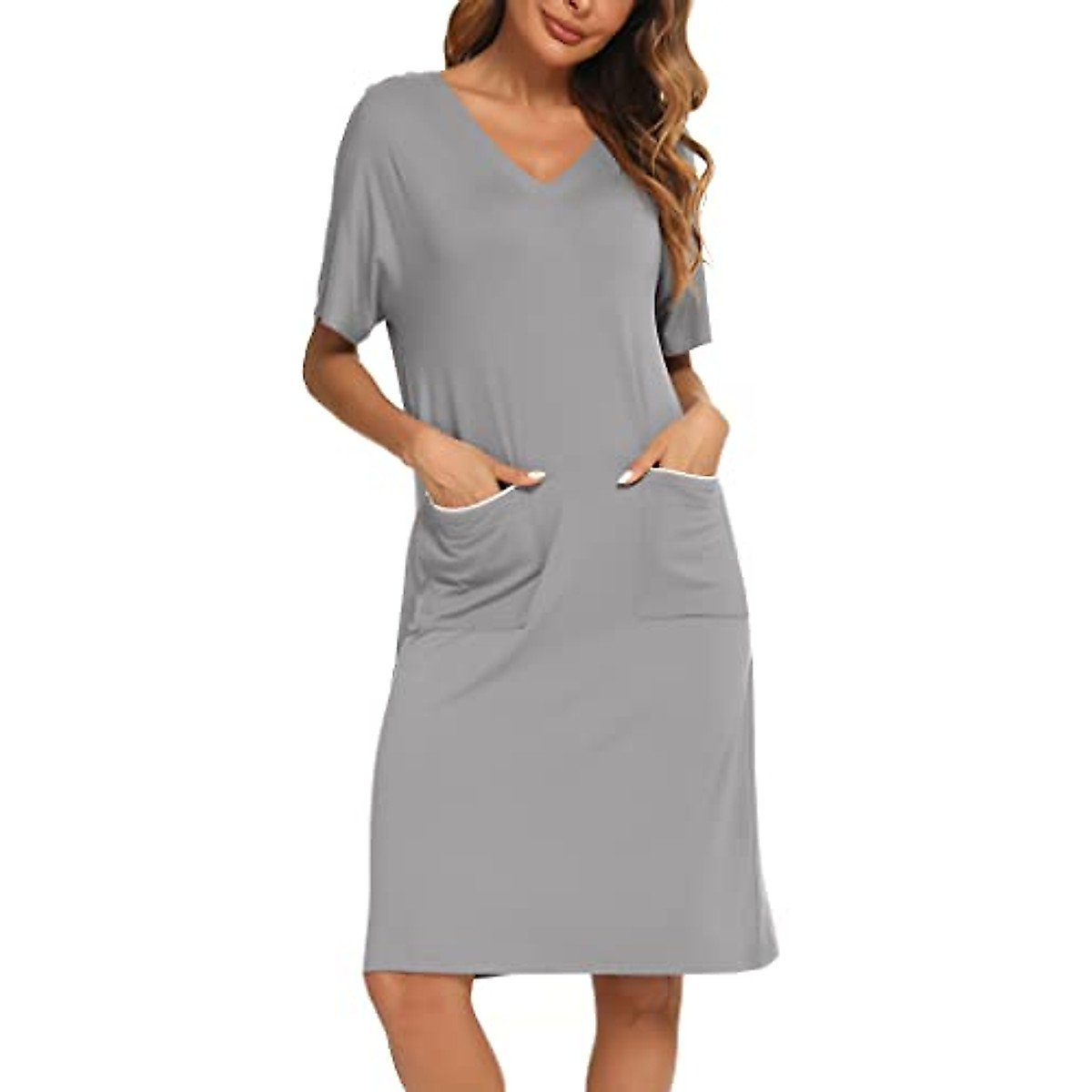 YYA Women's V Neck Nightgowns Short Sleeve Loose Sleepwear with Pocket Comfy Nightshirt Grey