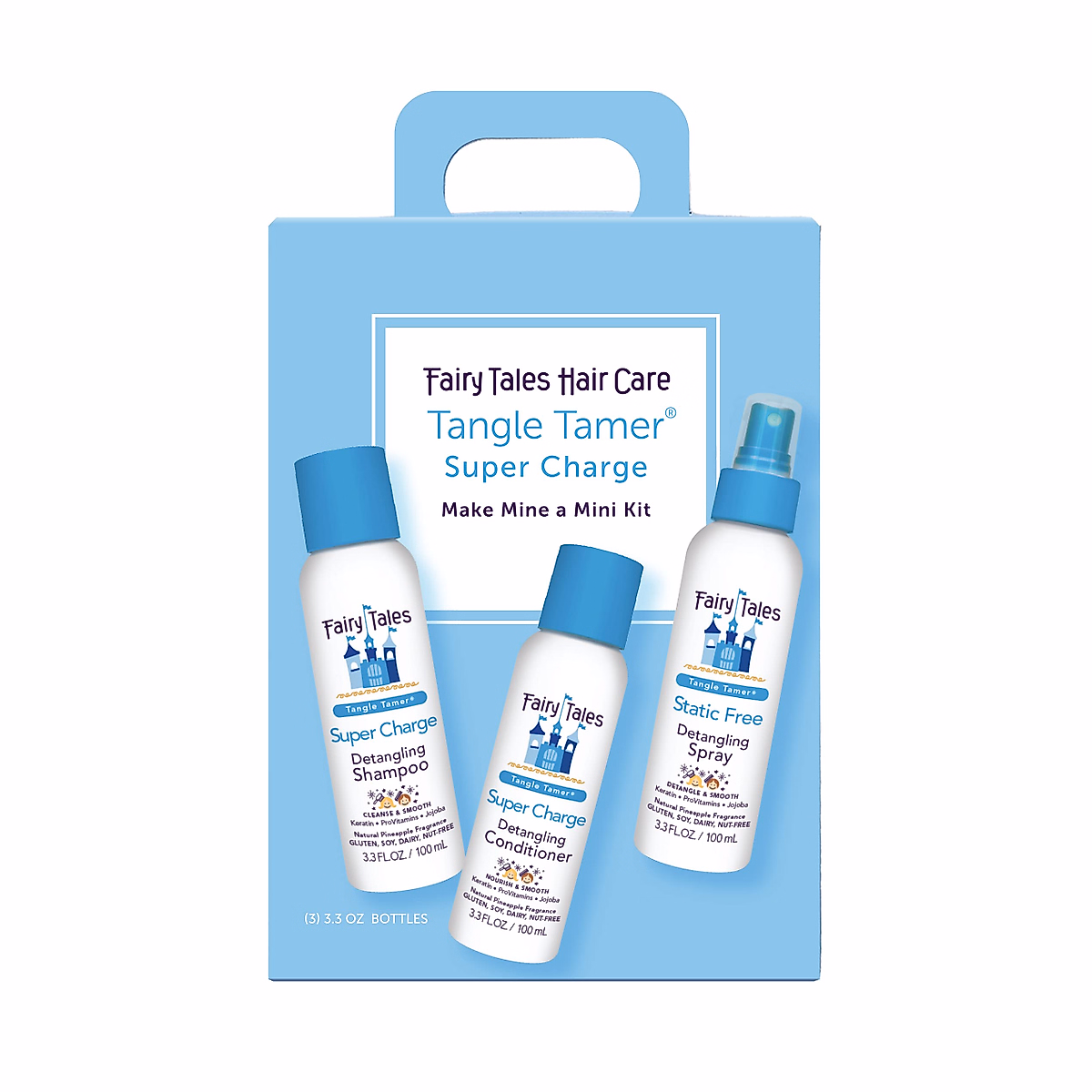 Fairy Tales Tangle Tamer Super Charge Detangling Shampoo, Conditoner, and Spray for Kids - Travel Set - Paraben Free, Sulfate Free, Gluten Free, Nut Free - 3.3 oz (Pack of 3)
