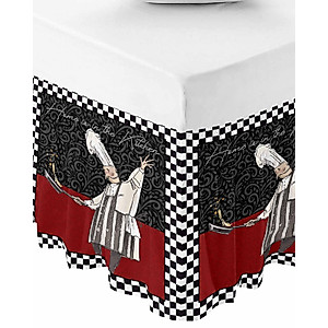 Retro Ches Bed Skirt King Size 16 Inch Drop, Adjustable & Elastic Wrap Around Bed Skirts Pleated Luxury Dust Ruffles for Twin Full Queen Cal King Base Bed, Black White Checkered Flowers Red