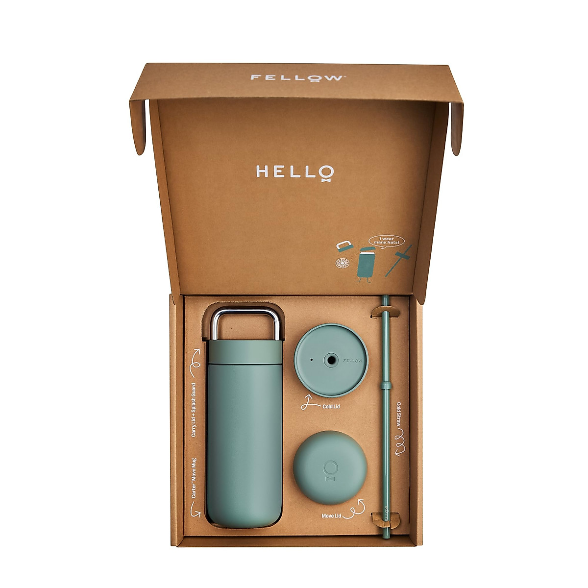 Fellow 16 oz Carter Bundle (3 in 1) Travel Mug with Carry Handle, Move & Cold Lids with Straw - To-Go Coffee Tumbler, Ceramic Interior & Vacuum-Insulated Stainless Steel - Coffee Cups-Smoke Green