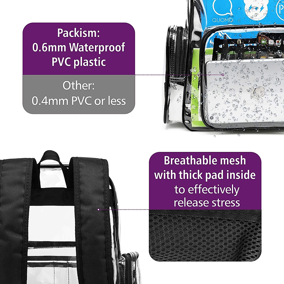 PACKISM Clear Backpack, Heavy Duty Clear Backpack for Adults Transparent See Through PVC Backpack for School, Workplace, Travel, College, Black(for age 12 or above)