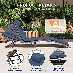 ALAULM Pool Lounge Chairs Outdoor Adjustable Chaise Lounge Chairs w/Sponge Cushion,2 Foldable & Portable Chairs and 1 Table for Poolside Patio Courtyard Seaside,Dark Blue