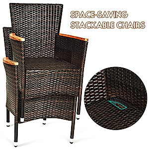 ReunionG 9PCS Outdoor Patio Dining Set, Garden Rattan Wick Furniture Set w/Acacia Wood Table and Stackable Armrest Chairs, Garden Dining Set for Patio, Poolside, Balcony and Indoor, Cushions Included