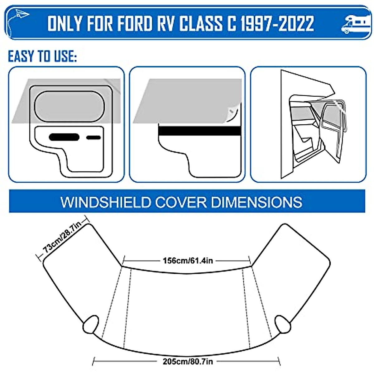 Komsepor RV Windshield Cover for Class C Ford 1997-2022 RV Front Window 4 Layers Class C Motorhome Cover 27 Foot Temperature Control Sunshade/Snow Cover Upgraded Strong Magnet/Side Mirror Cutout