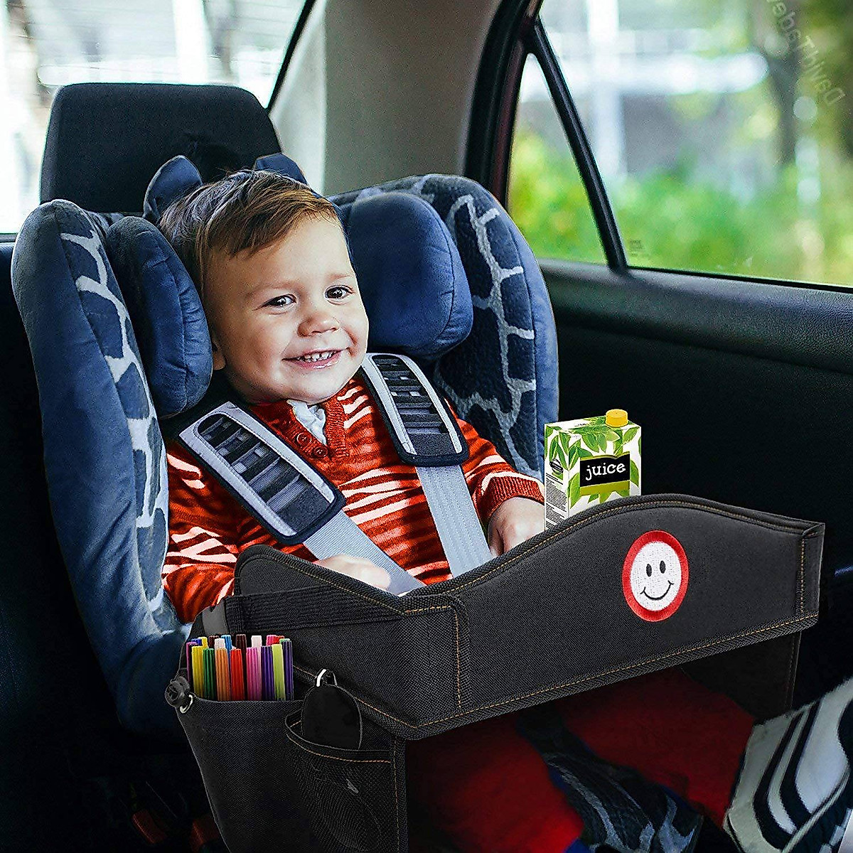 Coolmum Kids Travel Tray, Toddler Car Seat Tray, Double Sided Activity Organizer, Snack Lap Tray, Baby Stroller Tray, Airplane Play Table, Waterproof and Foldable (Premium Black)