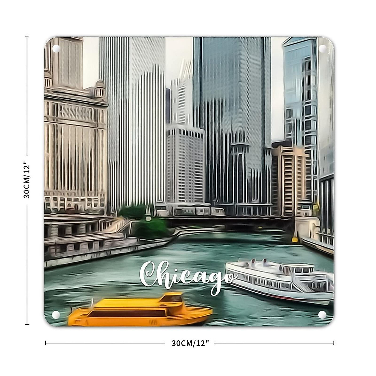 WoGuangis USA City Chicago Metal Plaque Tin Sign American Cities in Illinois States Street Hanging Sign Travel Gift Souvenir Aluminum Art Signs Quality Metal Sign for Front Porch Garden 12x12in