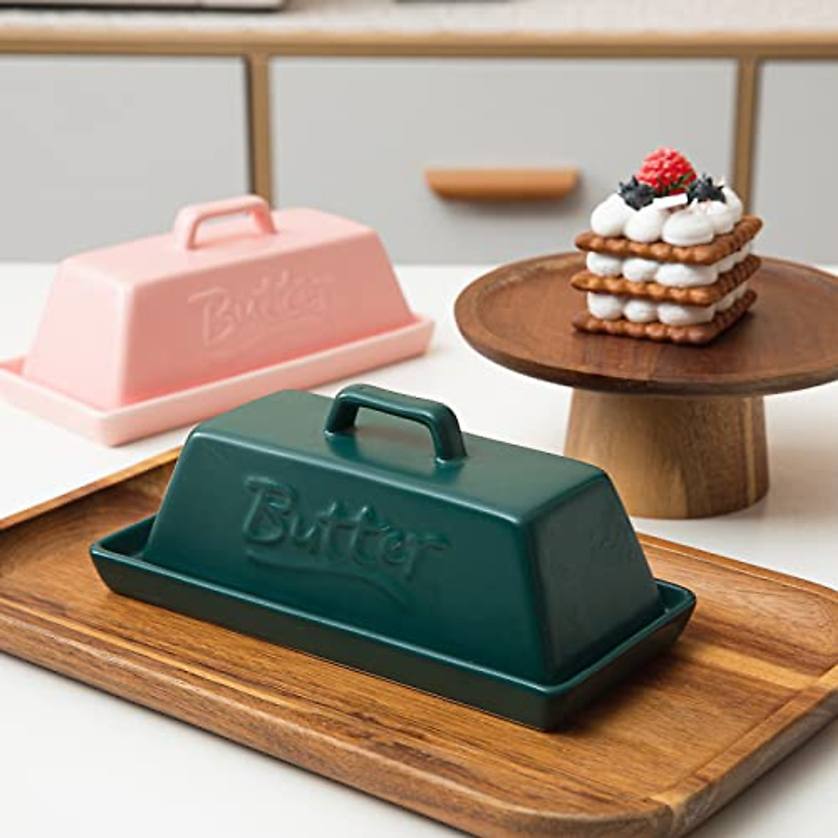 Porcelain Butter Dish with Lid, Candiicap Classic Matte Butter Keeper for Countertop, Large Butter Holder for Butter Storage, Dishwasher Safe (Matte Green)