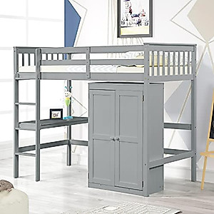 BIADNBZ Wooden Loft Bed with Desk and Wardrobe, Twin Size Loftbed Frame with Storage Closet&Bulid-in Ladder, for Kids Teens Bedroom, Gray