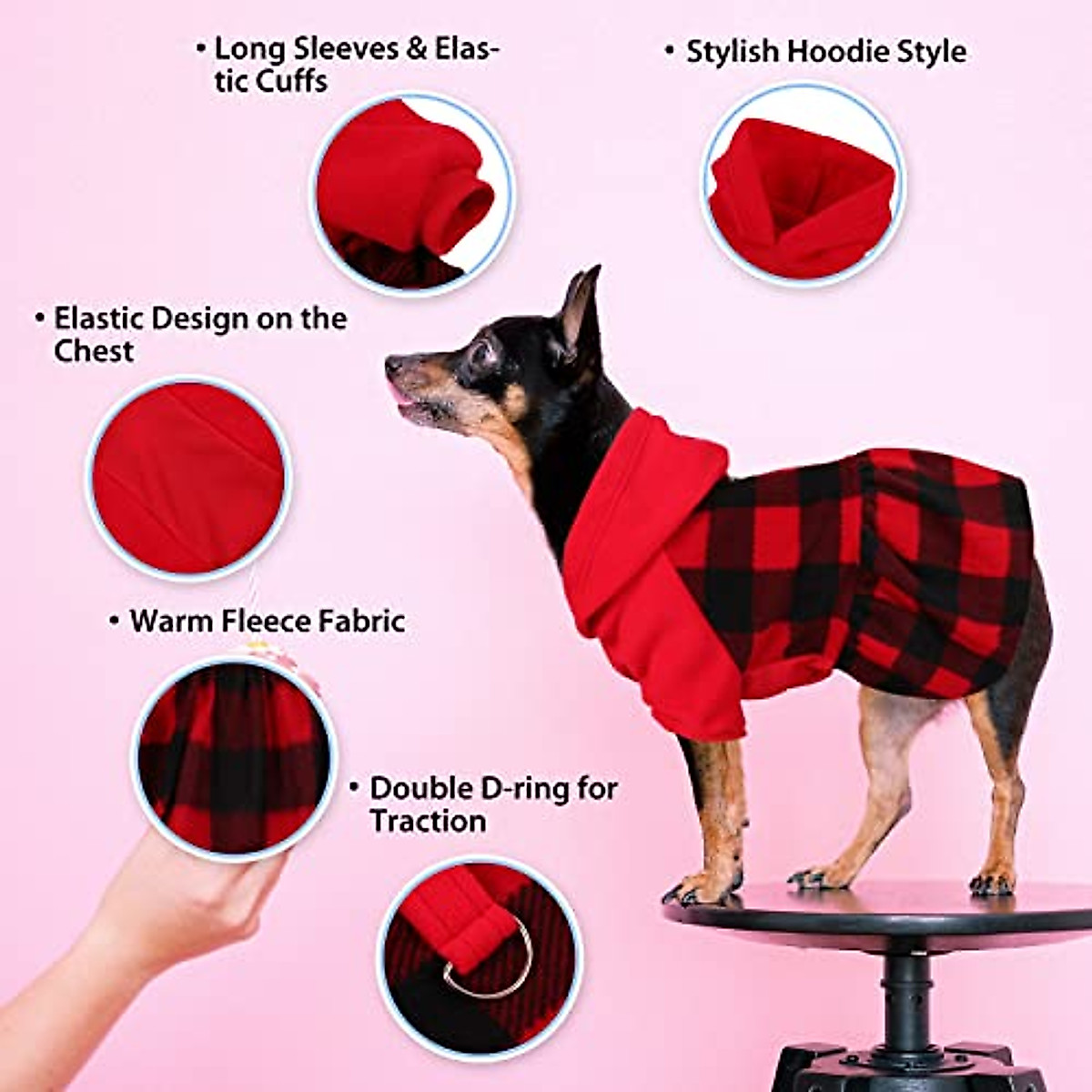 SAWMONG Fleece Dog Hoodie Dresses, Classic Plaid Hooded Puppy Dog Winter Clothes with D-Ring, Thermal Skirt Girl Doggie Vest Sweater Outfits Coat Cat Sweatshirt Apparel, Red and Black, XX-Small