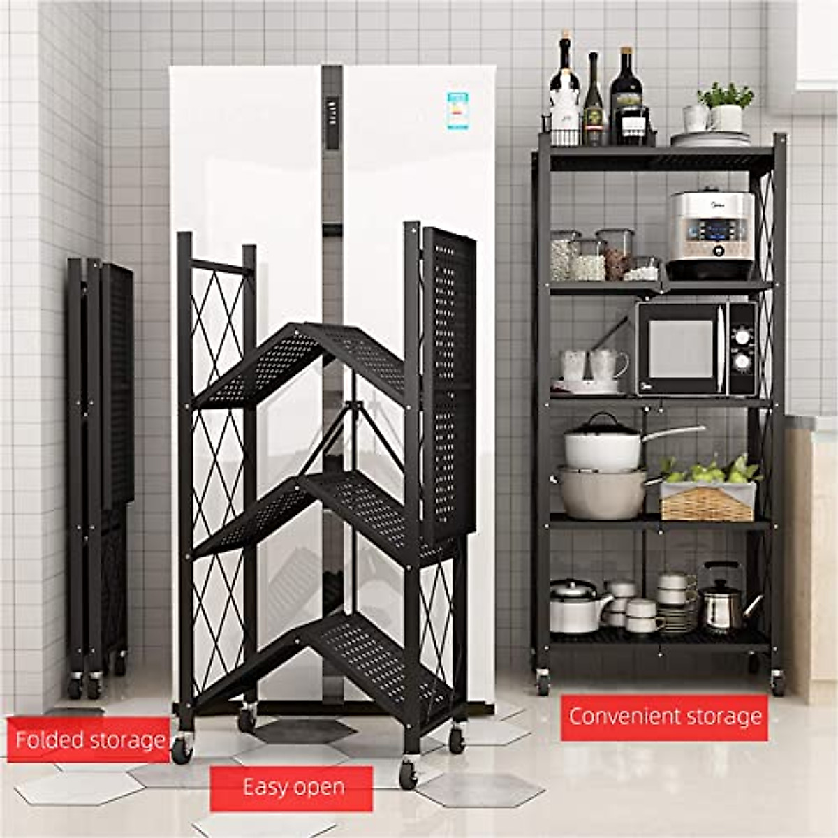 Storage Shelves, Closet Organizers and Storage 4-Shelf Foldable Metal Shelving Units 28" W x 14" D x 50" H for Garage Kitchen Bakers, Collapsible Organizer Rack, Heavy Duty on Wheels (4 -Shelf)