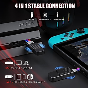 Wireless Gaming Headset 2.4GHz USB & Type-C Gaming Headphones for PC, PS4, PS5, Switch, Bluetooth 5.3 Gaming Headset with Detachable Noise Cancelling Microphone